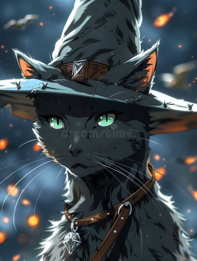 Mystical Cat Wearing Witch Hat in Enchanted Forest with Glowing Eyes ...