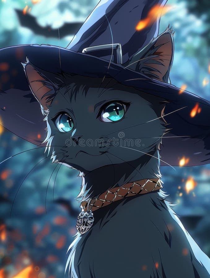 Mystical Cat Wearing Witch Hat in Enchanted Forest with Glowing Eyes ...