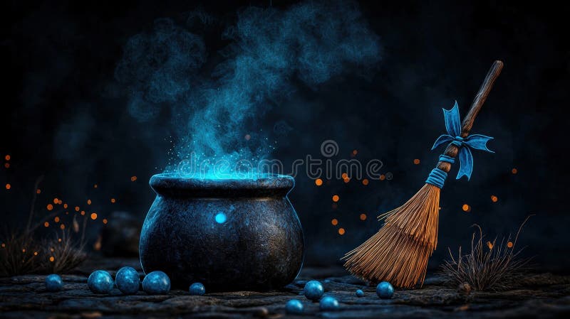 Mystical Cauldron with Blue Smoke Broom and Orbs on a Dark Enchanted ...