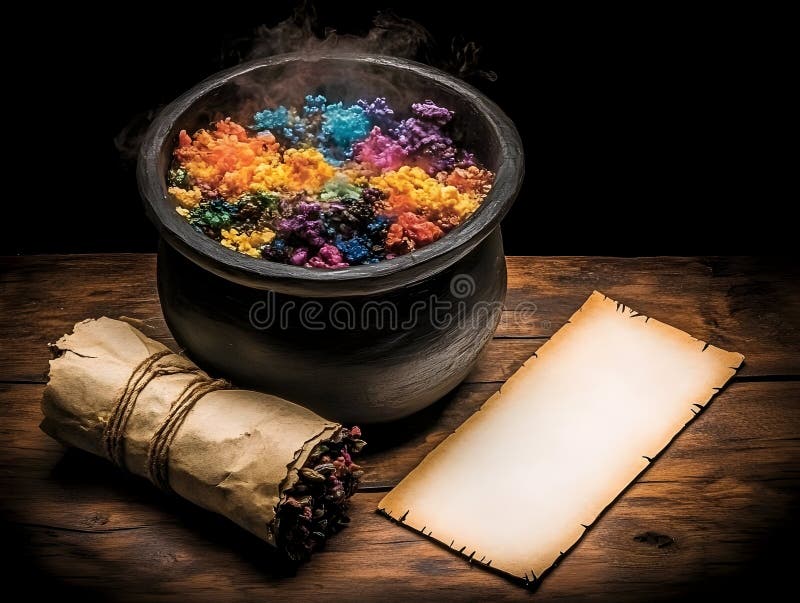 A Mystical Cauldron Filled with Colorful Ingredients, Accompanied by a ...