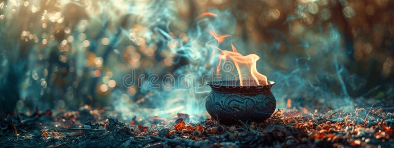 Mystical Cauldron with Fire and Smoke in a Forest Setting Stock Image ...