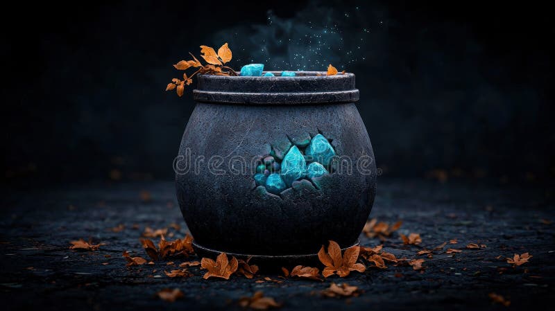 Mystical Cauldron with Glowing Ingredients and Fallen Leaves Dark ...