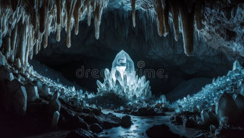 Mystical Cave with Crystal Formations and Stalactites. Stock ...