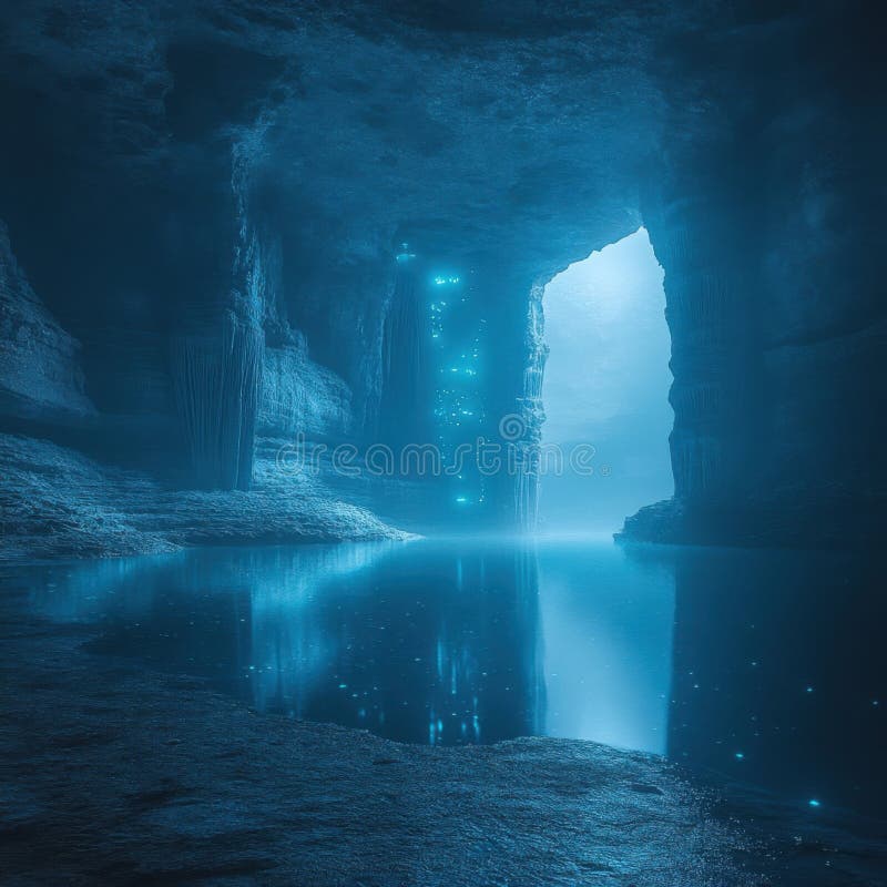 Mystical Cave with Ethereal Blue Light Reflection Stock Photo - Image ...