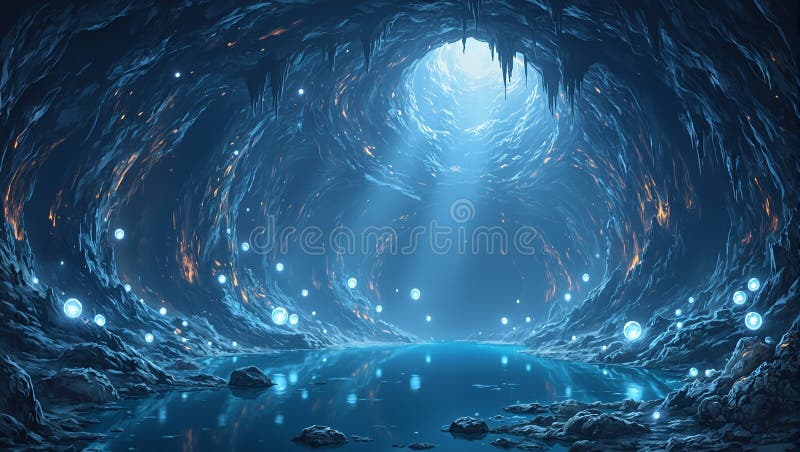 Mystical Cave with Floating Orbs Glowing Walls and Shallow Pools Stock ...