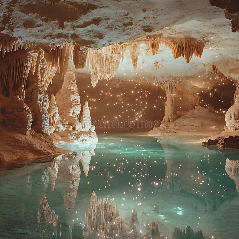 Mystical Cave with Glittering Reflections and Stalactites Stock Image ...