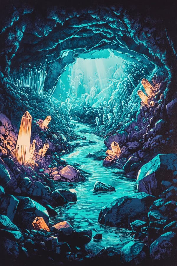 A Mystical Cave with Glowing Crystals and an Underground River. Game ...