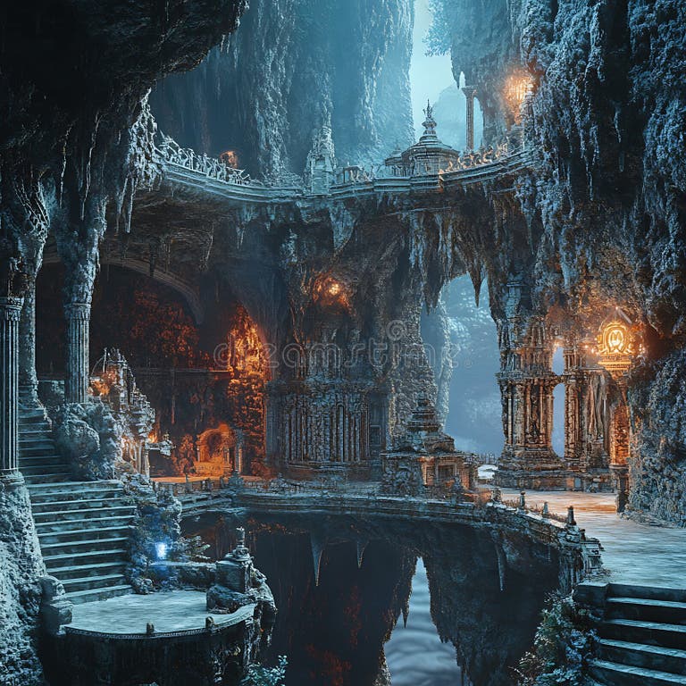 Mystical Cave Interior with Ancient Structures and Ambient Lighting ...