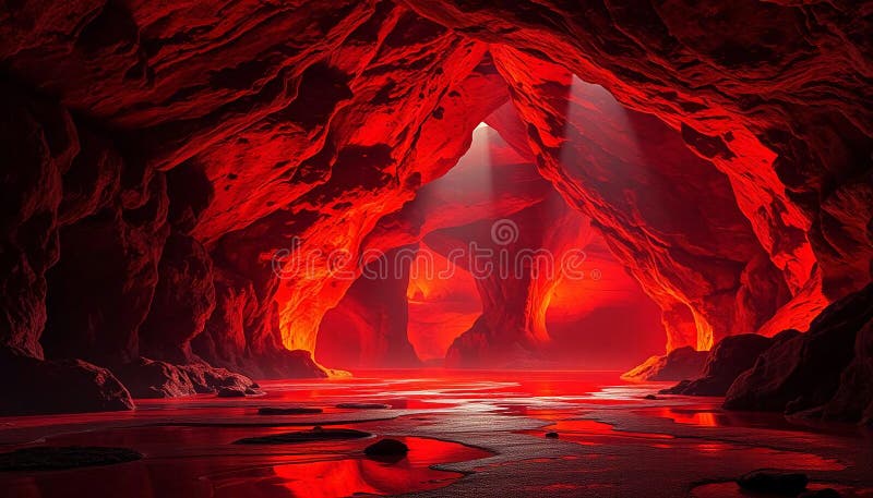 Mystical Cave with Red Lighting and Reflective Ground Stock ...