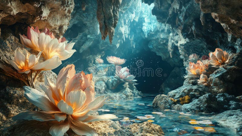 A Mystical Cave with a Stream and Glowing Lotus Flowers Stock ...