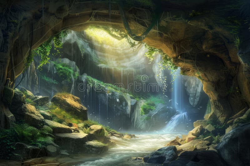 Enchanted Forest Cave with Waterfall Stock Photo - Image of woodland ...