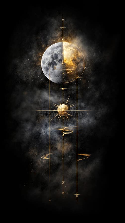 Mystical Celestial Alignment . Moon, Sun, and Saturn in Golden Abstract ...