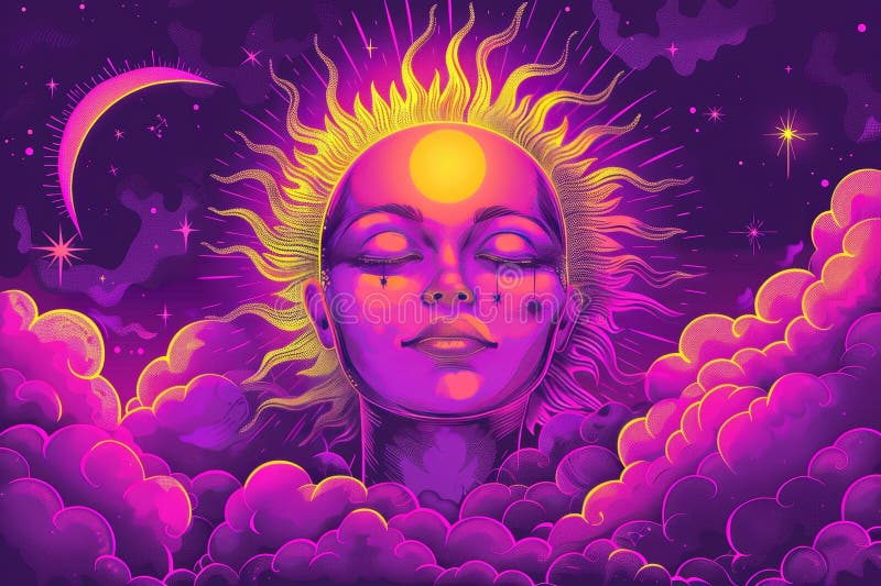 Mystical Celestial Banner with Sun Face, Solar Eclipse, Zodiac, and ...