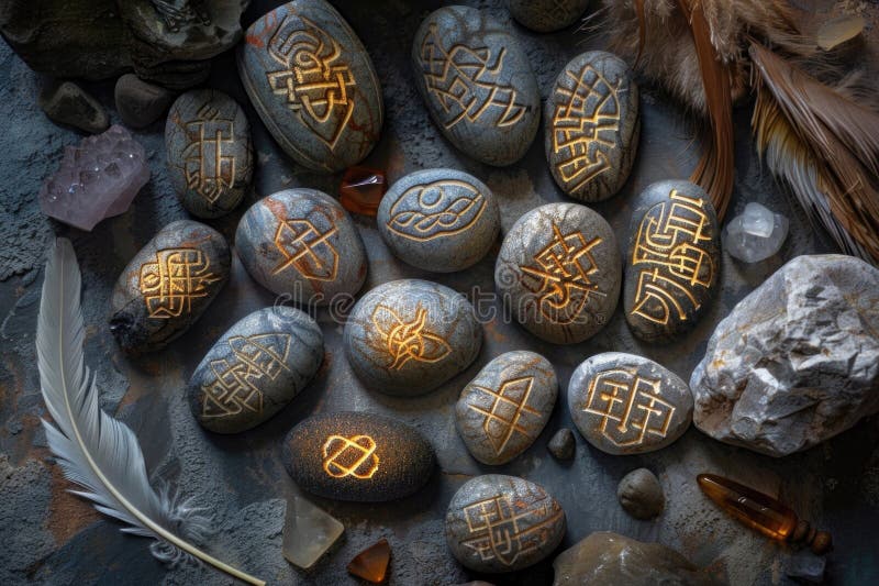 Mystical Celtic Runes on Stones with Feathers and Crystals in Warm ...