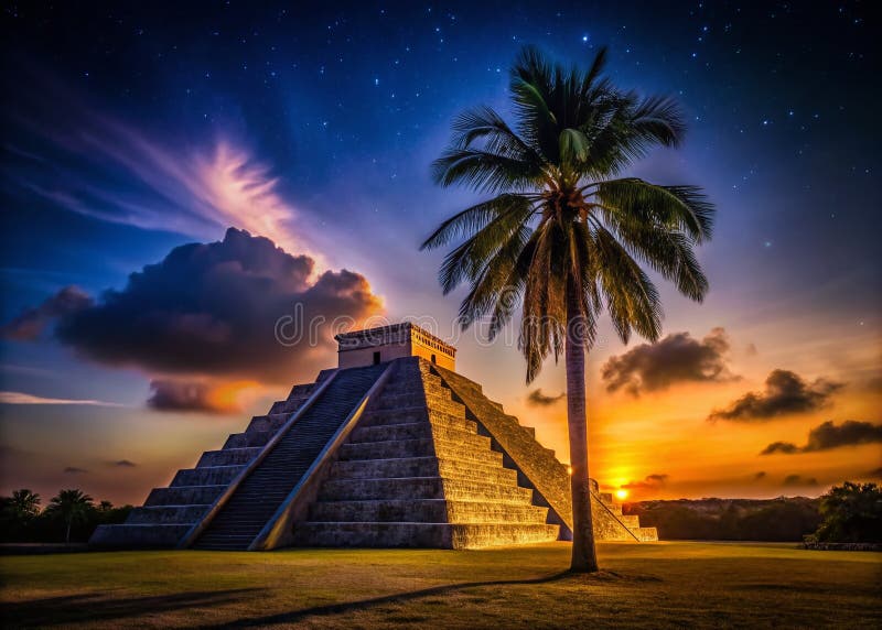 Mystical Chichen Itza Pyramid at Night Ancient Mayan Ruins Under a ...