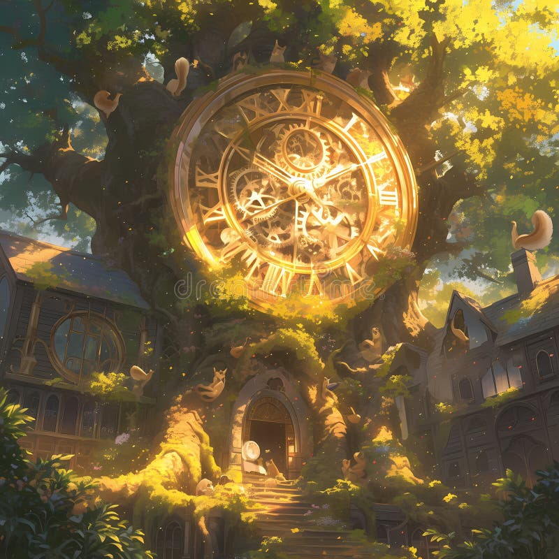 Mystical Clock Tower in Enchanted Forest Stock Illustration ...