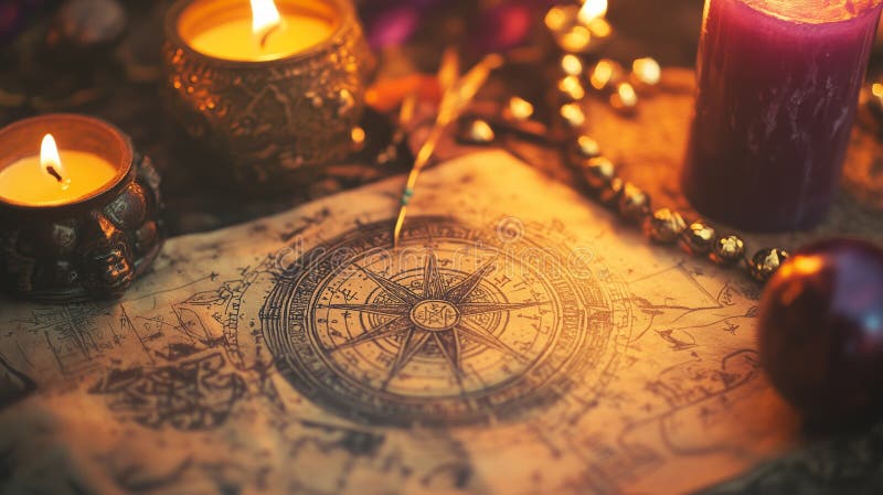 Mystical Compass Map with Candles and Decorative Items in a Dimly Lit ...