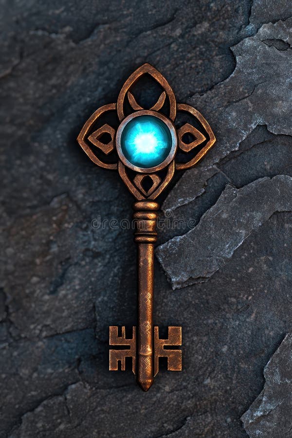 Mystical Copper Key with Glowing Blue Gem Stock Illustration ...