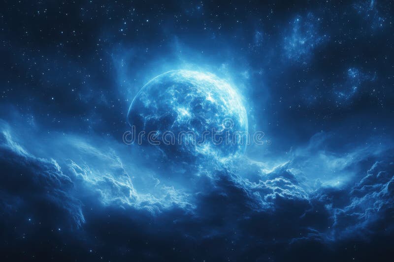 Mystical Cosmic Blue Moon and Clouds in Starry Night Sky Stock Image ...