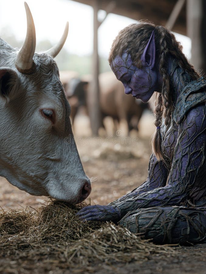 Mystical Creature Interacting with a Cow Stock Illustration ...