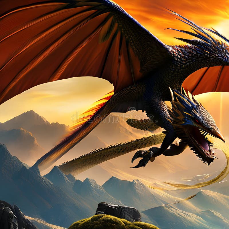 A Mystical Creature, Part-dragon and Part-phoenix, Soaring through a ...