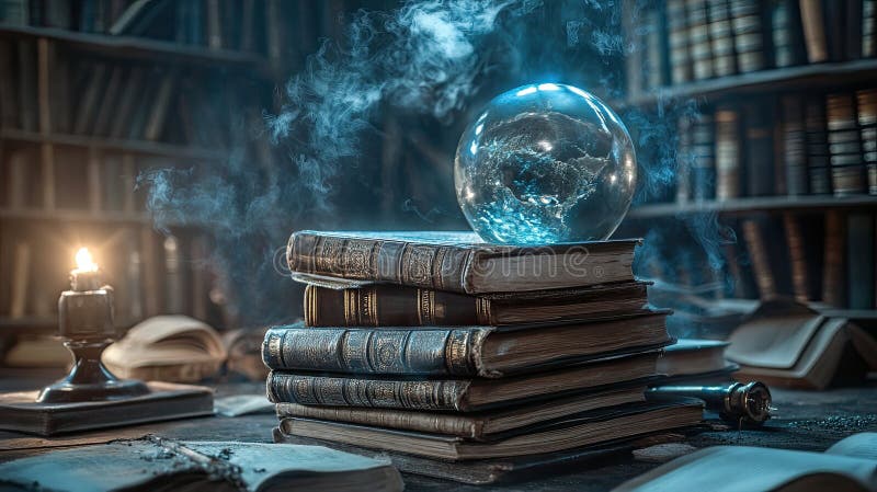 Mystical Crystal Ball on Ancient Books in a Dark Library Stock ...