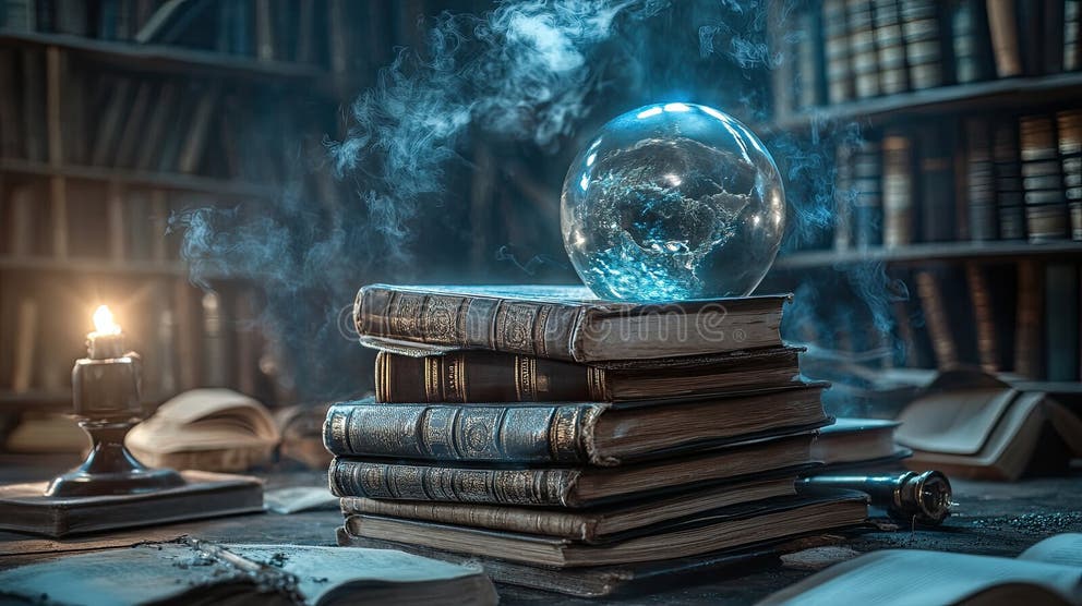 Mystical Crystal Ball on Ancient Books in a Dark Library Stock ...