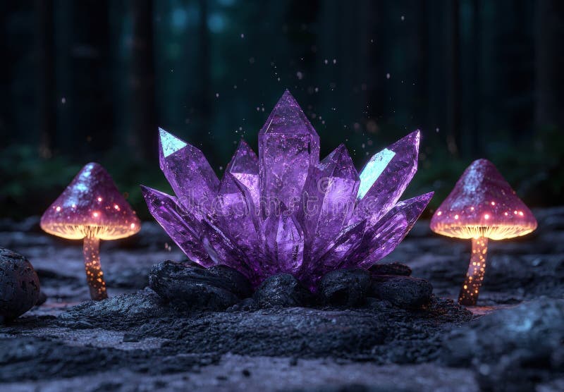 Mystical Crystal Formation in Dark Forest Stock Illustration ...