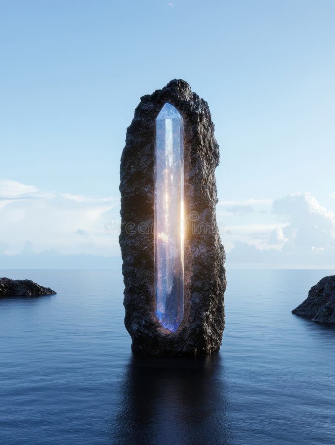 Mystical Crystal Monolith in Tranquil Ocean Setting Stock Illustration ...