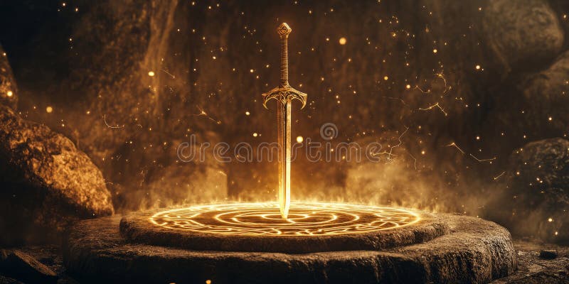 A Mystical 3D Background of a Legendary Sword Embedded in an Ancient ...