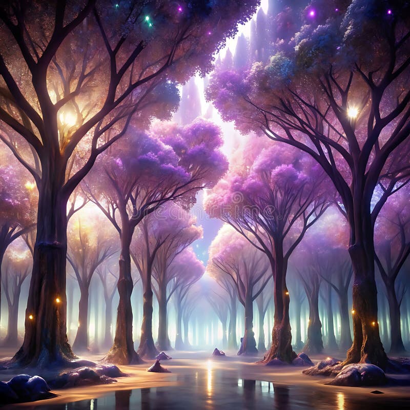 Mystical 3D Crystal Forest with Amethyst Trees and Magical Sunlight ...