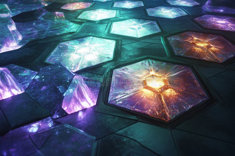 A Mystical 3D Hexagonal Floor Made of Glowing Crystal Panels, Each ...