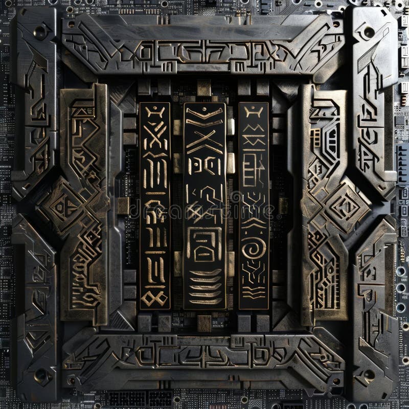Mystical 3D Render of Ancient Runes Carved into a Technologically ...