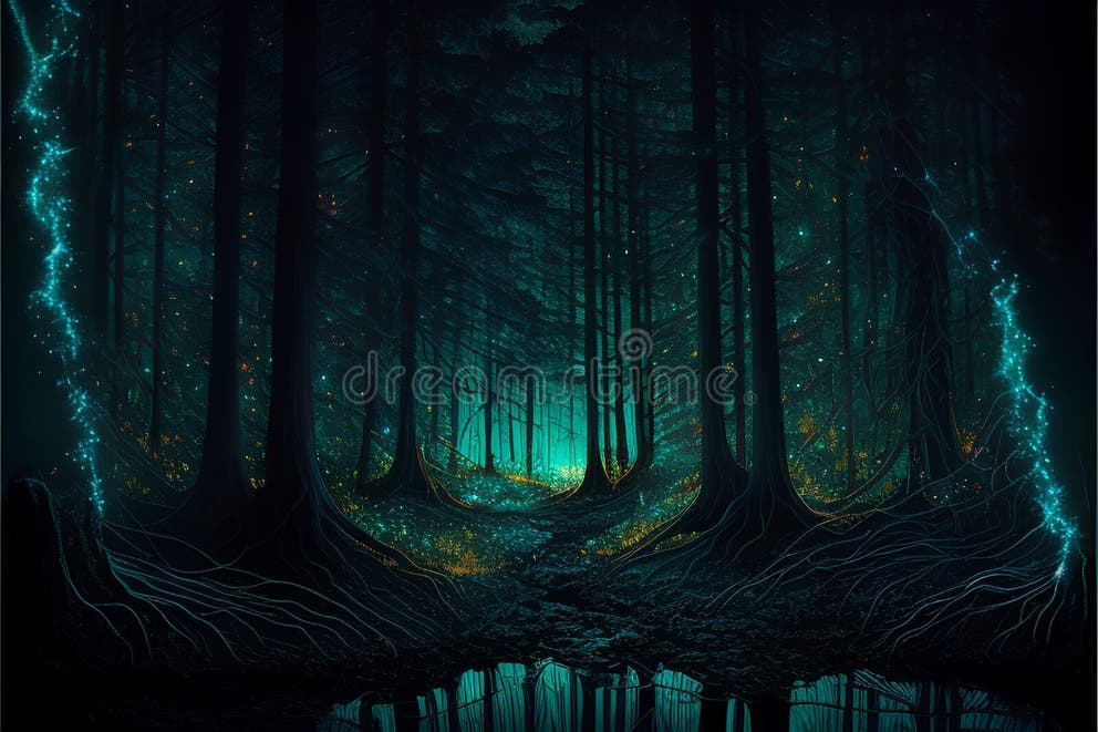 Mystical Dark Forest with Glowing Spooky Trees and Reflection in Water ...