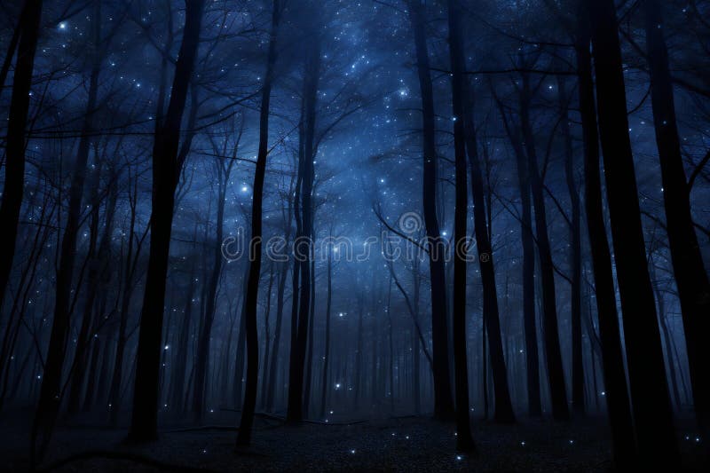 Mystical Dark Forest at Night with Full Moon and Stars Stock ...