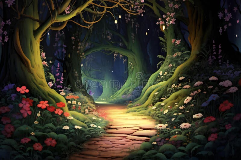 Mystical Dark Forest with Path in the Middle, Digital Painting Stock ...