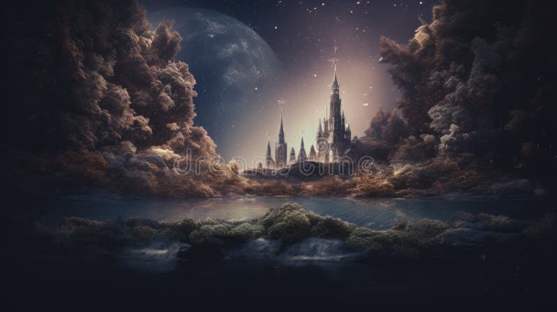 Mystical Dark Landscape with Castle Stock Illustration - Illustration ...