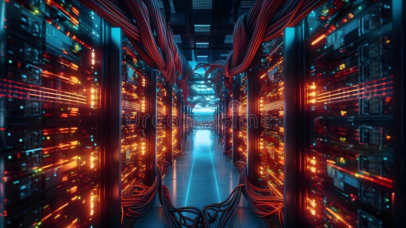 Mystical Data Center with Servers and Thick Cable Harnesses, Generative ...