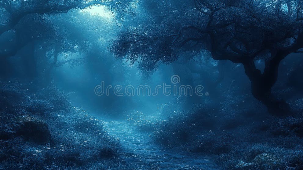 Mystical, Deep Blue Forest Path. Misty, Serene, Ancient Trees, Glowing ...