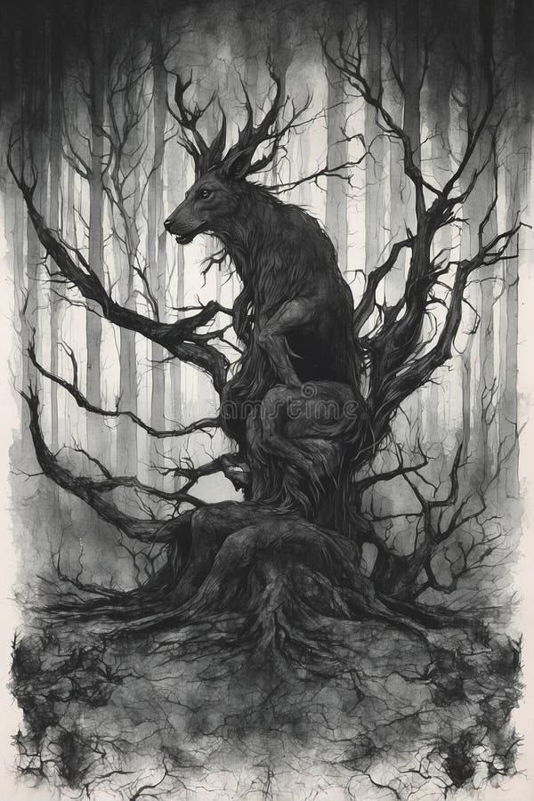 A Mystical Deer Figure Emerging from a Twisted Tree in a Dark Forest at ...