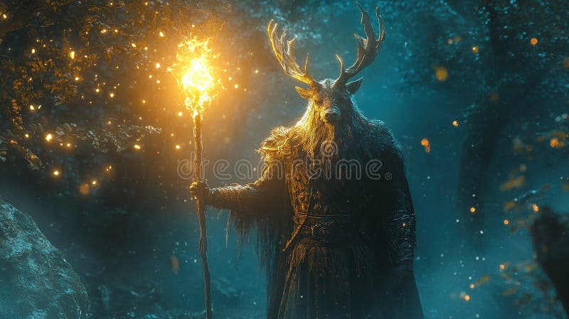 Mystical Deer-headed Shaman with Torch in Enchanted Forest Stock ...