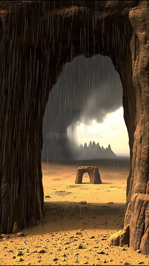 Mystical Desert Landscape with Rain and Archway Stock Illustration ...