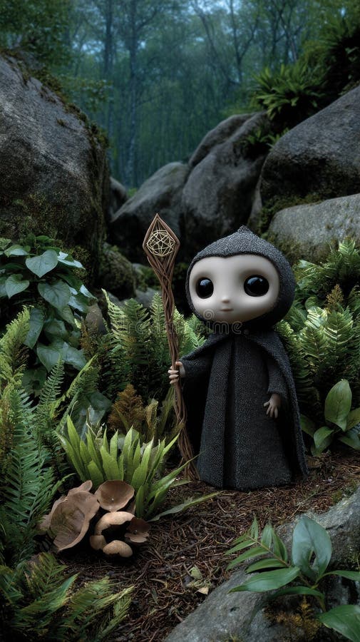 Mystical Doll with Staff in Enchanted Forest Setting Surrounded by ...
