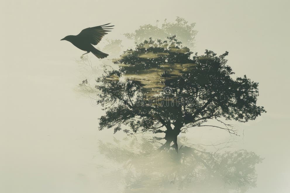 Mystical Double Exposure of Flying Bird and Tree Reflection Stock Photo ...