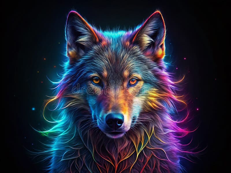 A Mystical Double Exposure Neon Wolf Art on a Striking Black Background ...