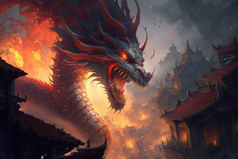 The Mystical Dragon Attacking a Chinese City Engulfed in Flames Stock ...