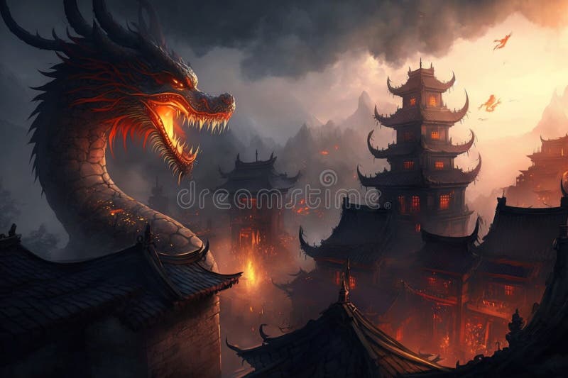 The Mystical Dragon Attacking a Chinese City Engulfed in Flames Stock ...