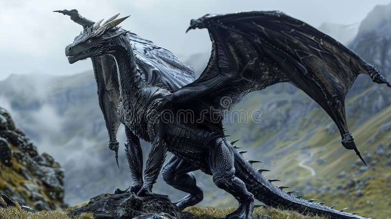 Mystical Dragon with Big Strong Wings Stands in the Mountains Stock ...