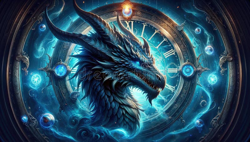 Mystical Dragon with Celestial Clock Stock Illustration - Illustration ...