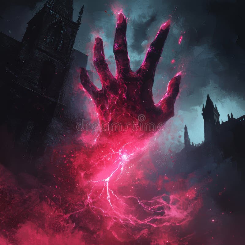 Dramatic Fantasy Scene Featuring Glowing Hand, Lightning, and Dark ...